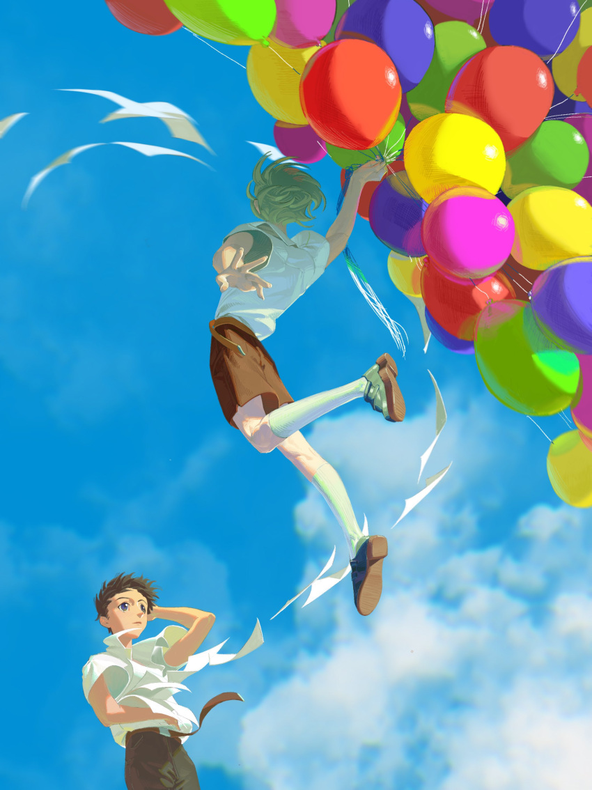 Safebooru - 2boys absurdres arm behind head arm up balloon belt belt ...