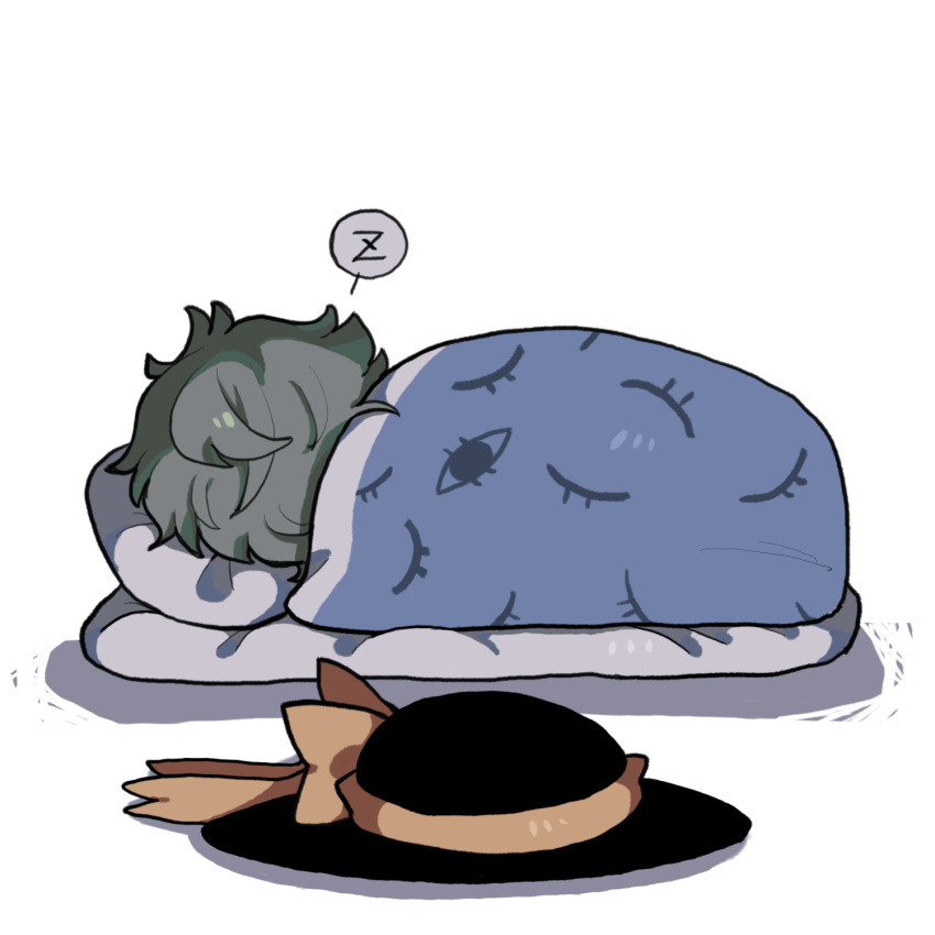 Safebooru - 1girl bed sheet black hat eye print futon green hair hat ...