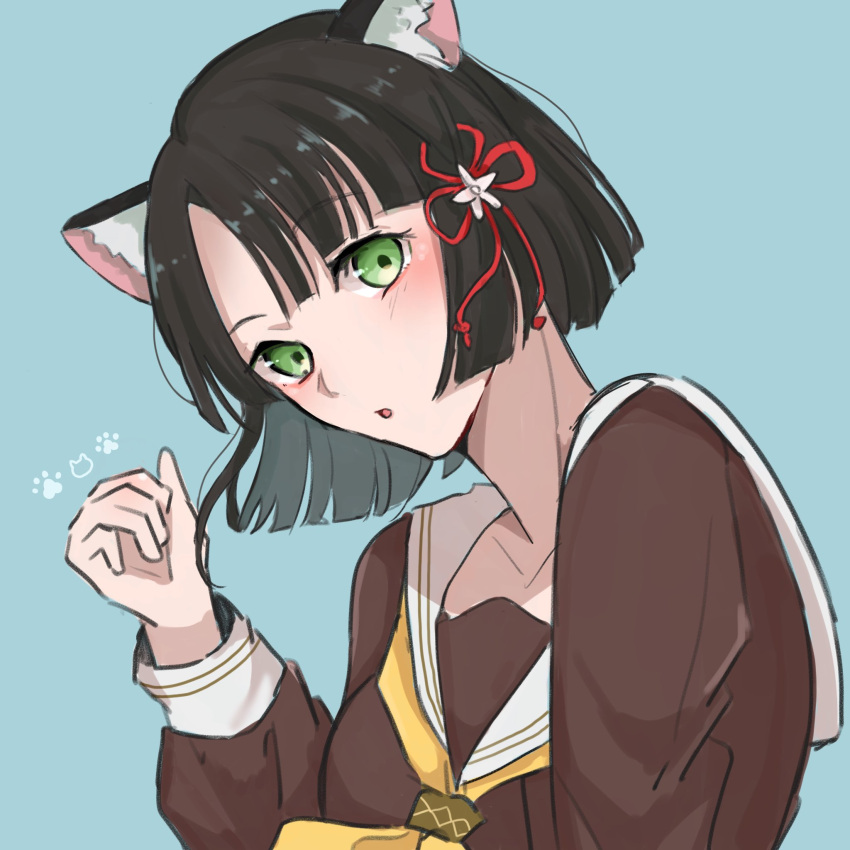 Safebooru - 1girl :o animal ears black hair blue background blunt bangs ...