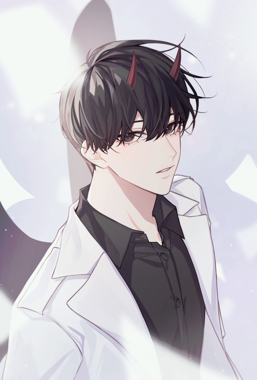Safebooru - 1boy absurdres black eyes black hair black shirt black wings commentary demon horns ...