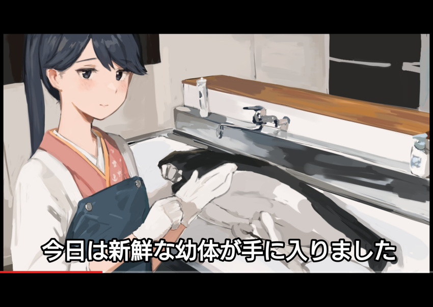 Safebooru - 1girl apron black eyes commentary request fish gloves ...