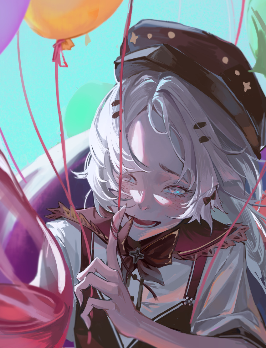 Safebooru - 1girl :d absurdres aqua background balloon balloon party beret black bow black ...