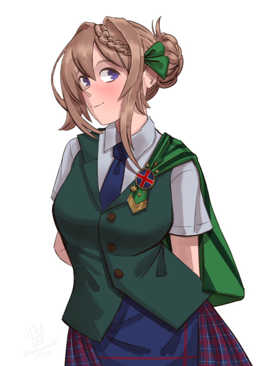 Safebooru - 1girl absurdres arms behind back badge blonde hair blue necktie blue skirt braid ...