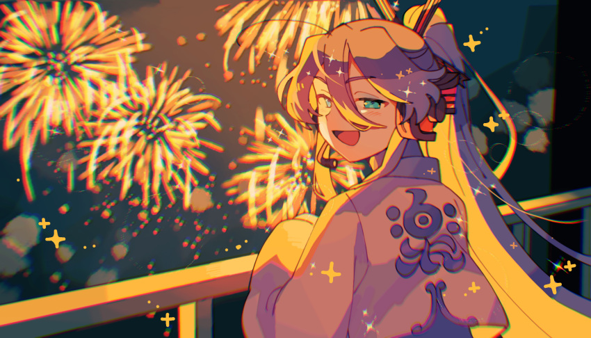 Safebooru - 1boy :d aqua eyes blush fireworks from behind fukomo hair ...