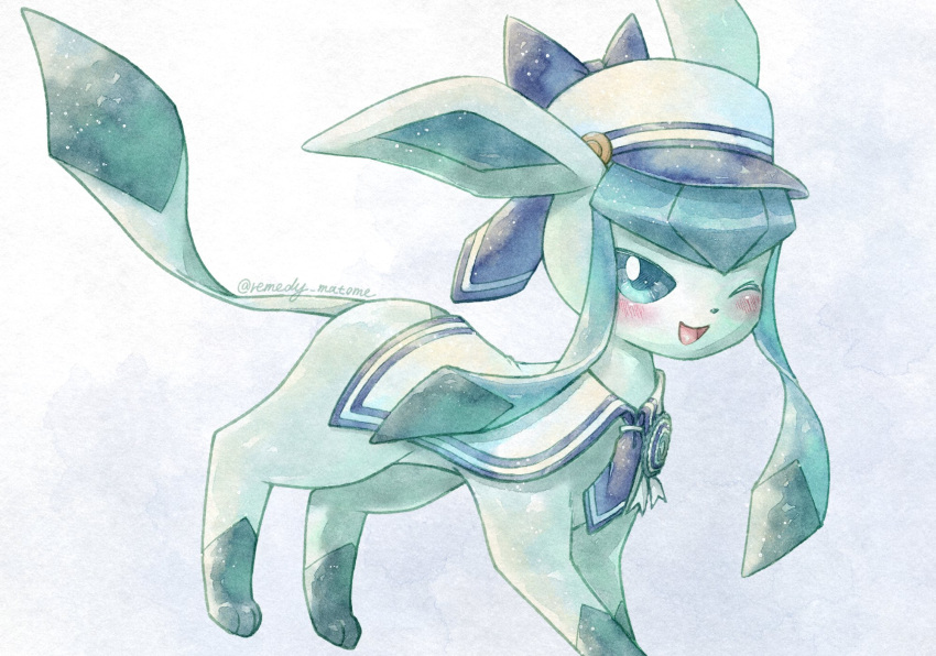 Safebooru - blue eyes blush glaceon glaceon (summer sailor) hat highres long hair necktie open ...