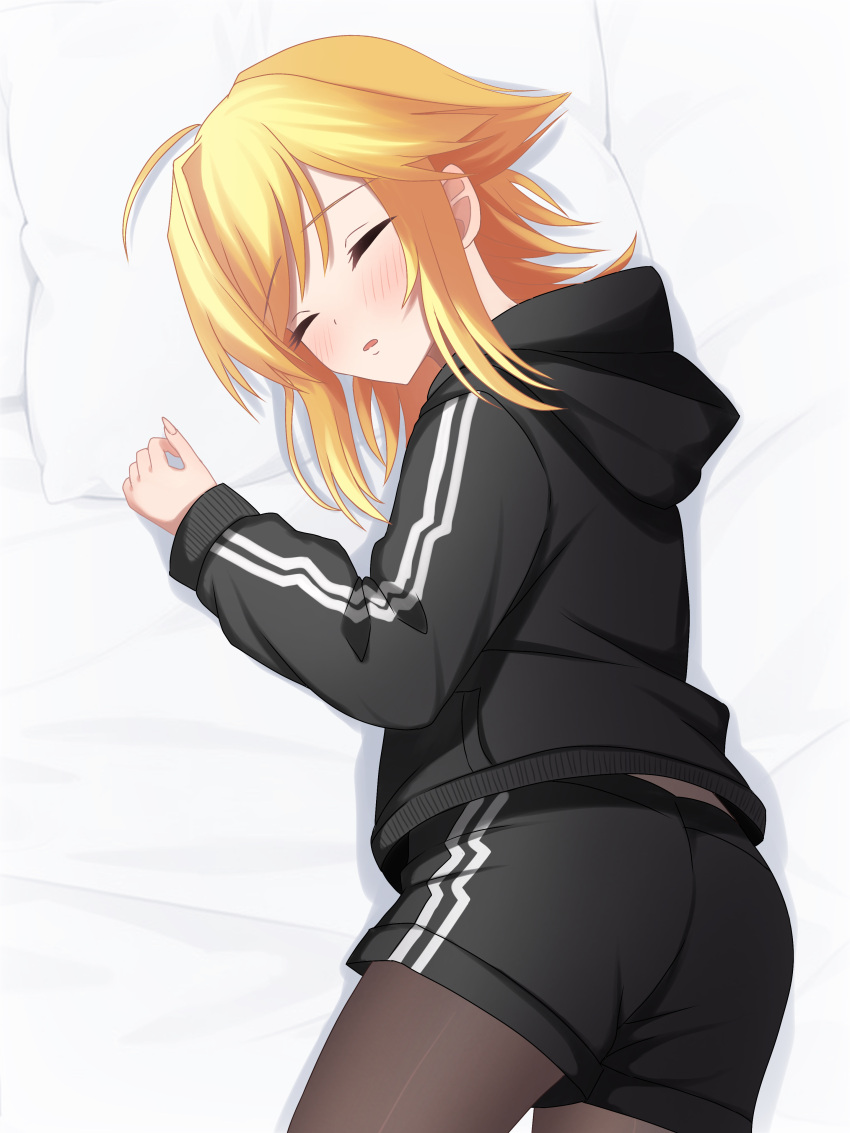 Safebooru - 1girl absurdres ahoge alternate costume bed sheet black jacket black shorts blonde ...
