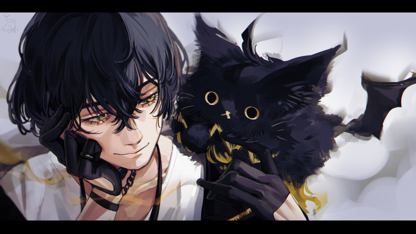 Safebooru - 1boy absurdres animal on shoulder aruse inu black cat black ...