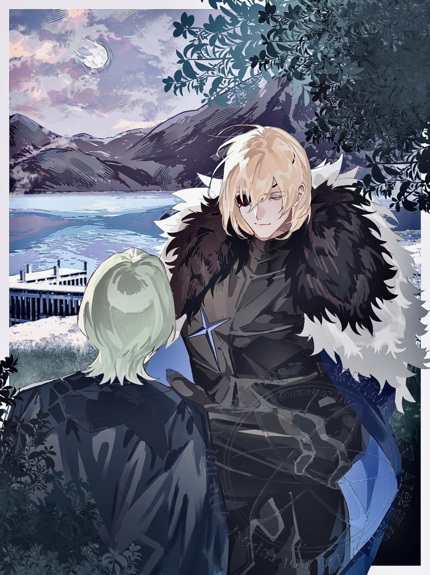 Safebooru - 2boys armor black armor black cape black fur blonde hair blue cape blue eyes border ...
