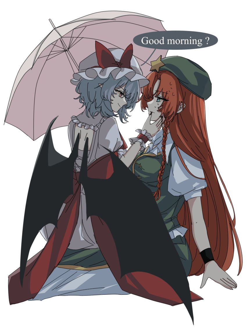 Safebooru - 2girls ? ascot bat wings beret blue hair bow braid chinese clothes commentary ...