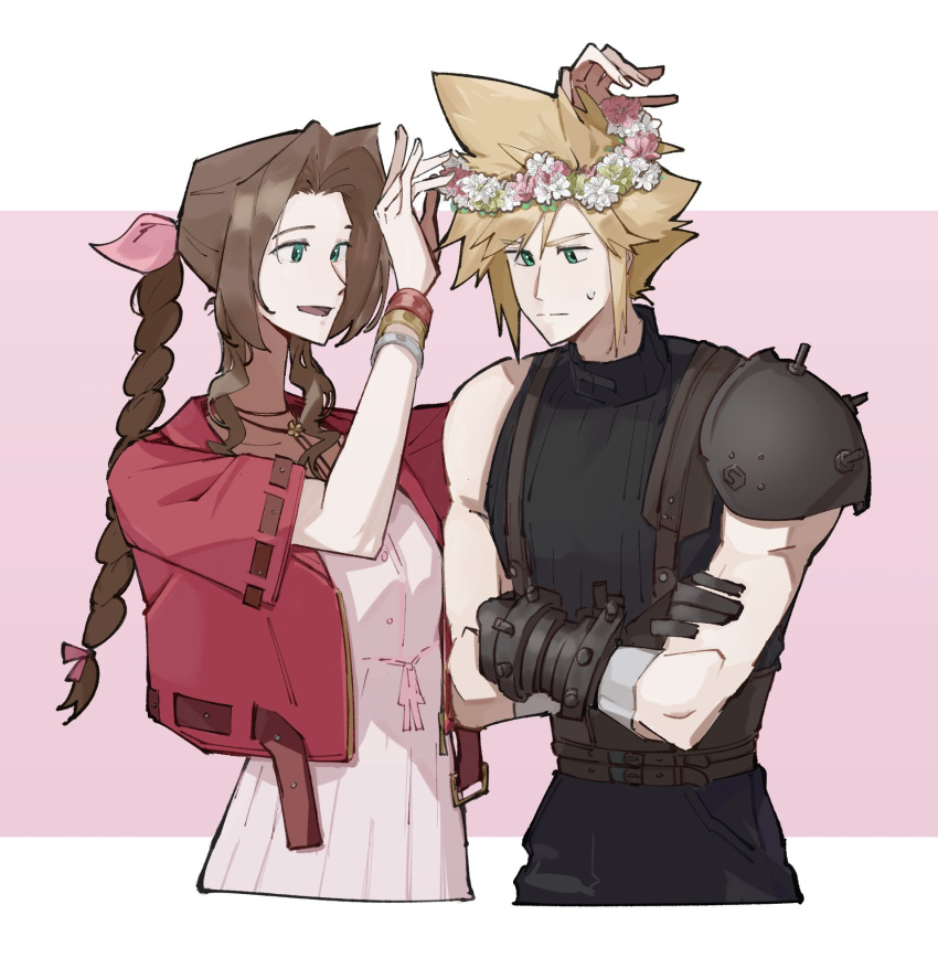 Safebooru - 1boy 1girl aerith gainsborough aqua eyes armor bangle belt black gloves blonde hair ...