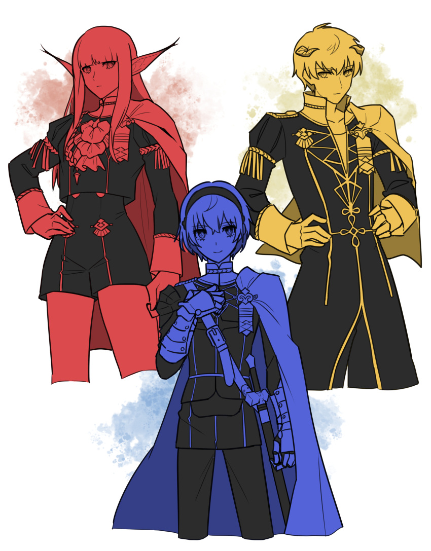 Safebooru - 1girl 2boys absurdres arm up armored gloves ascot belt belt buckle blunt bangs ...