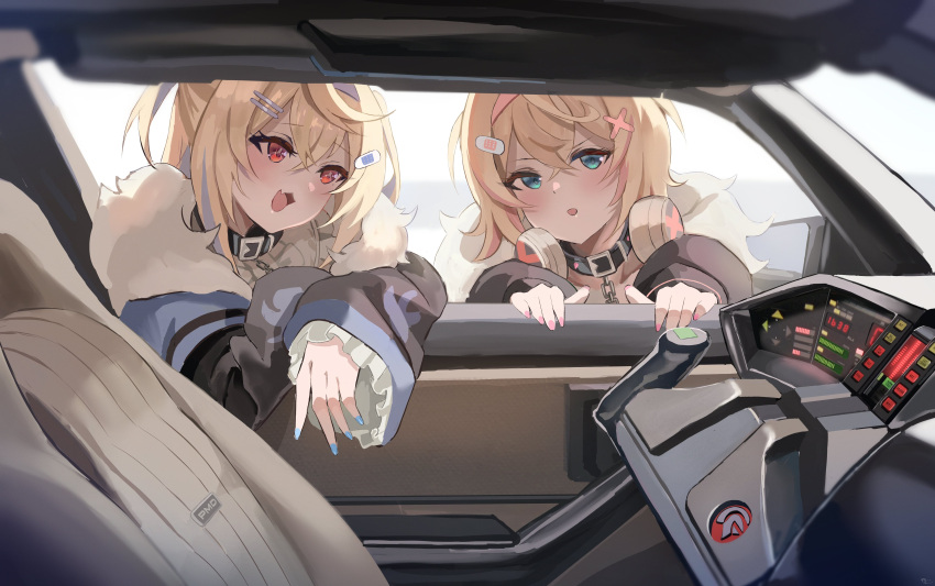 Safebooru - 2girls absurdres bandaid bandaid hair ornament black collar black jacket blonde hair ...