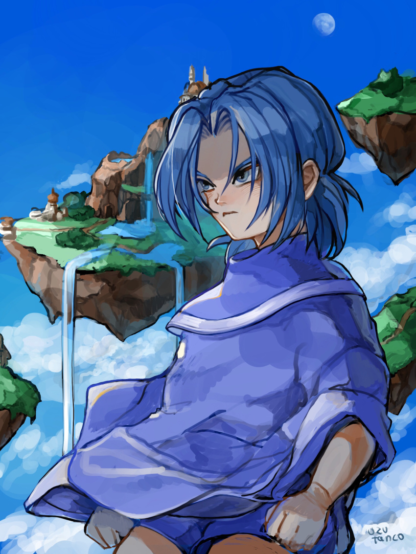 Safebooru - 1boy 2022 blue eyes blue hair blue robe blue sky building ...