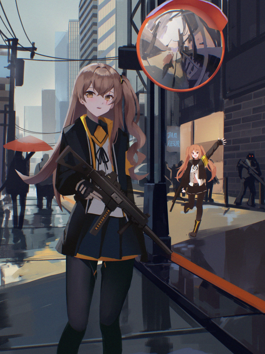 Safebooru - :d arm up armband black footwear black gloves black jacket ...