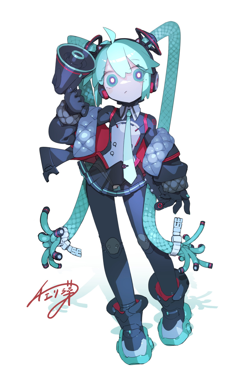 Safebooru - 1girl :/ absurdres android aqua eyes aqua hair aqua necktie black jacket black shirt ...