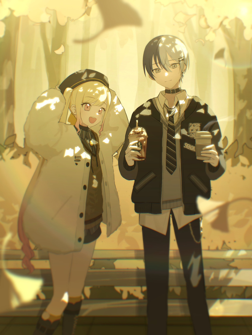 Safebooru - 1boy 1girl :d absurdres aoyagi touya beret black collar black footwear black jacket ...