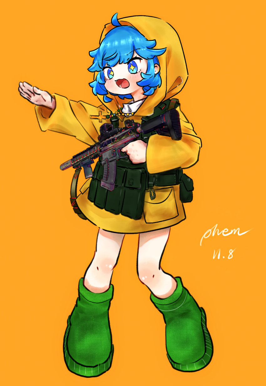 Safebooru - 1girl absurdres assault rifle bead necklace beads blue eyes blue hair blush boots ...