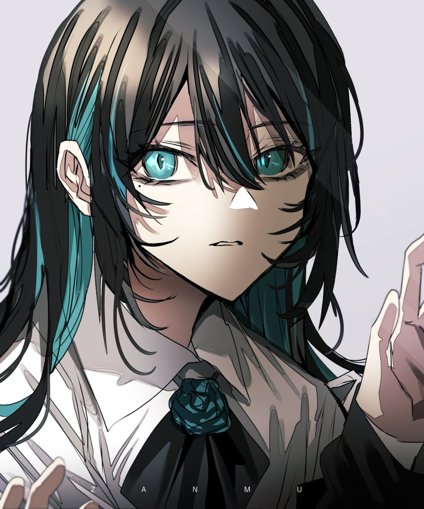 Safebooru - 1girl ado (utaite) black bow black bowtie black hair blue eyes blue flower blue hair ...