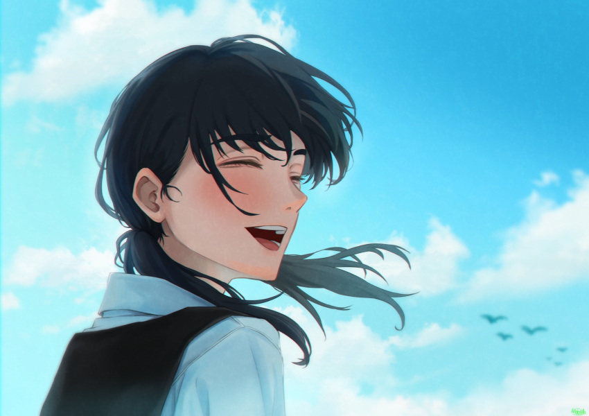 Safebooru - blue sky chainsaw man closed eyes clouds collared shirt day fourth east high school ...