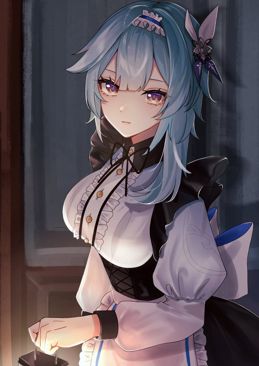 Safebooru - 1girl absurdres alternate costume apron black corset blue hair breasts closed mouth ...