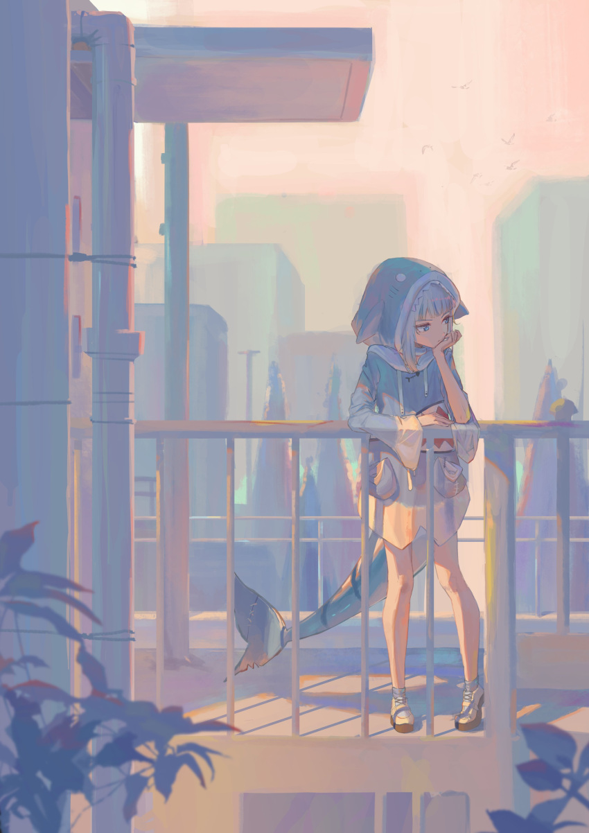 Safebooru - 1girl absurdres against railing animal costume animal hood blue eyes blue hoodie ...