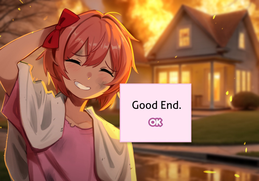 Safebooru - 1girl bow brown hair closed eyes doki doki literature club facing viewer fire hair ...