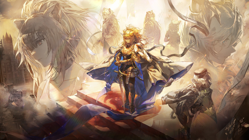 Safebooru - 6+girls absurdres animal ears arknights armor armored dress black footwear blonde ...