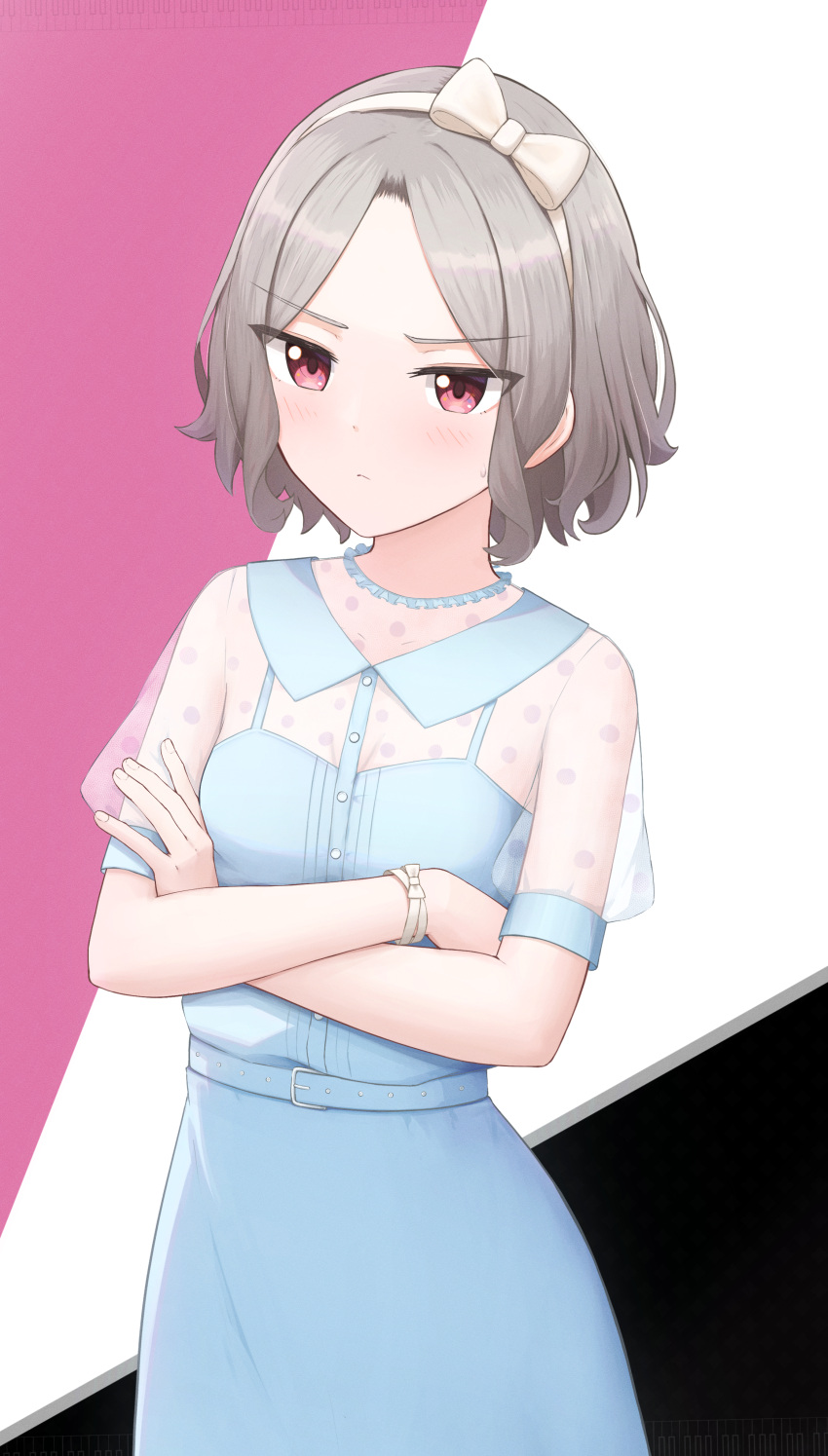 Safebooru - 1girl absurdres blue dress blush bow bracelet closed mouth crossed arms dress ...