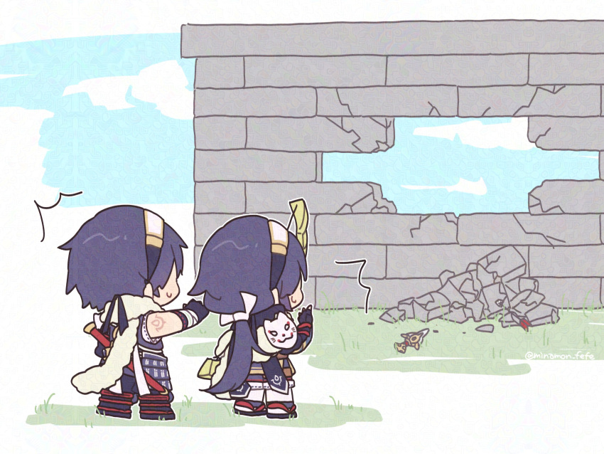 Safebooru - 1boy 1girl blue hair brick wall broken wall chibi chibi ...