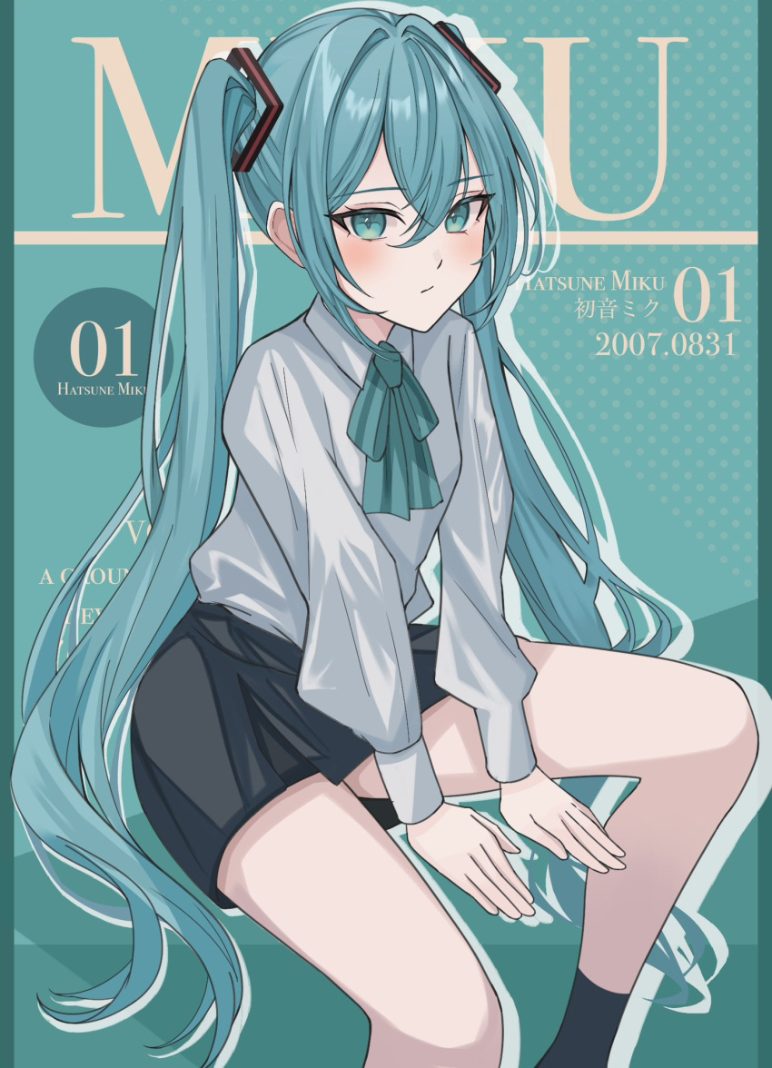 Safebooru - 1girl alternate costume aqua ascot aqua background aqua eyes aqua hair ascot black ...