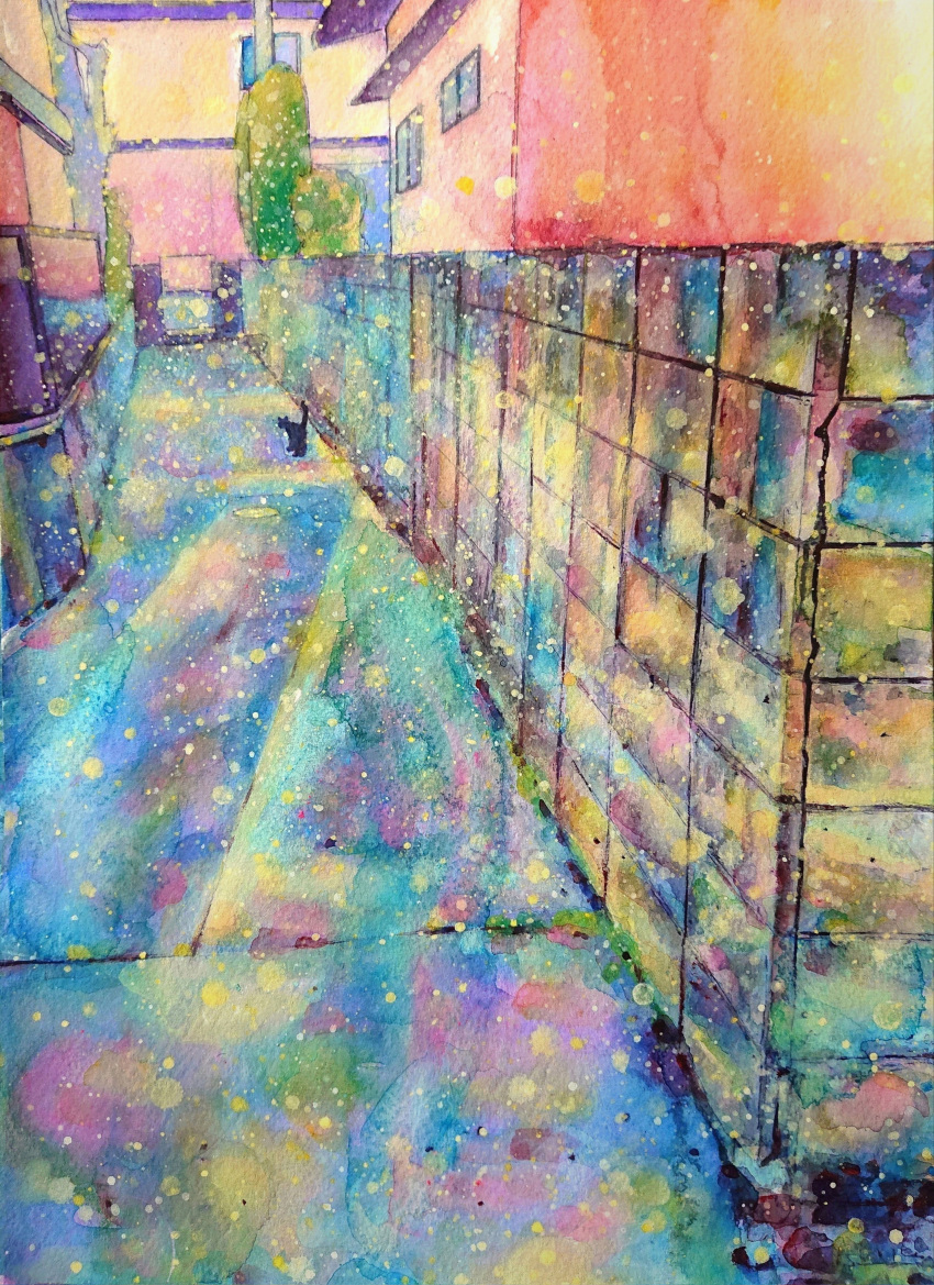 Safebooru - absurdres acrylic paint (medium) alley animal building cat ...