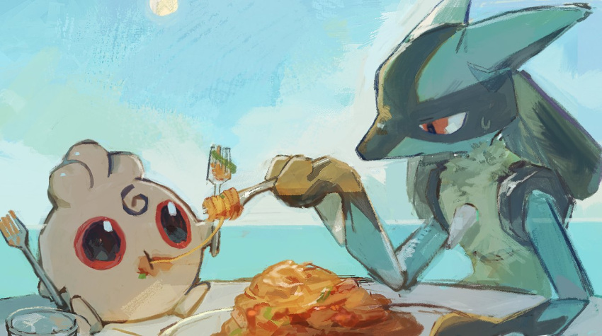 Safebooru - 1other aomidori iro blue sky clouds food food on face fork ...