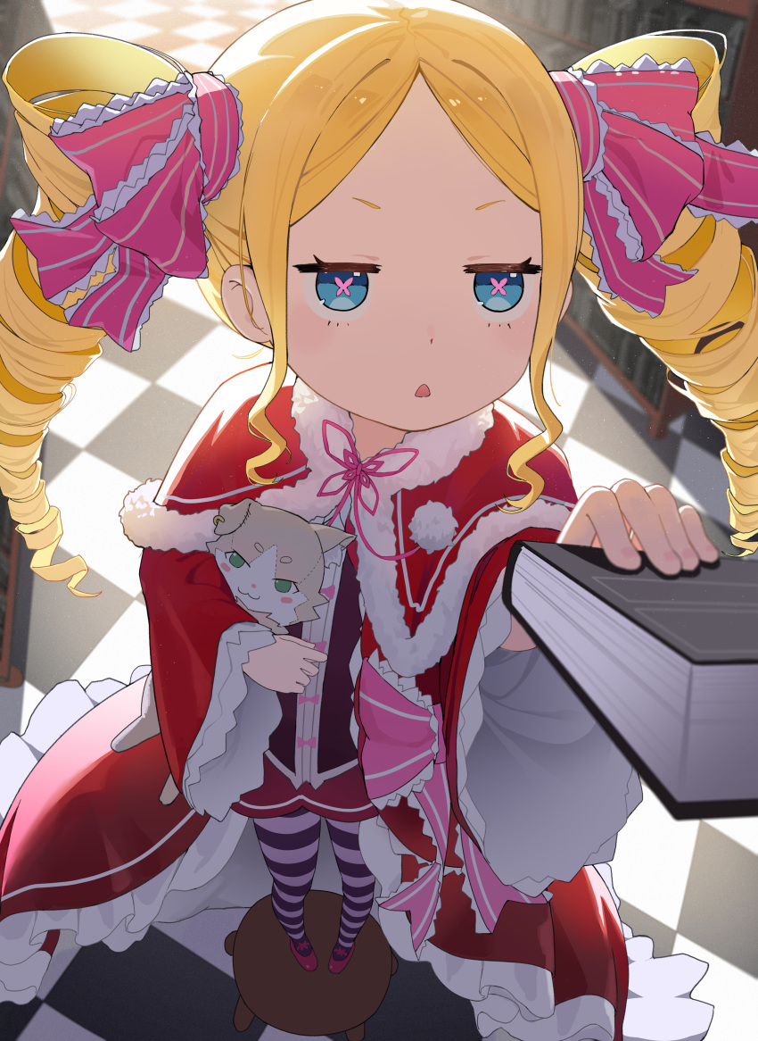 Safebooru - + + 1girl absurdres beatrice (re:zero) blonde hair blue eyes book capelet checkered ...