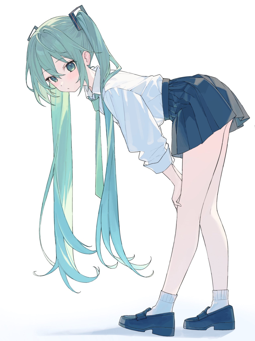 Safebooru - 1girl alternate costume aqua eyes aqua hair aqua necktie bent over black skirt ...