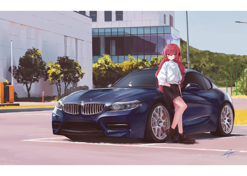 Safebooru - 1girl absurdres black footwear black skirt black socks blue archive blue car bmw bmw ...