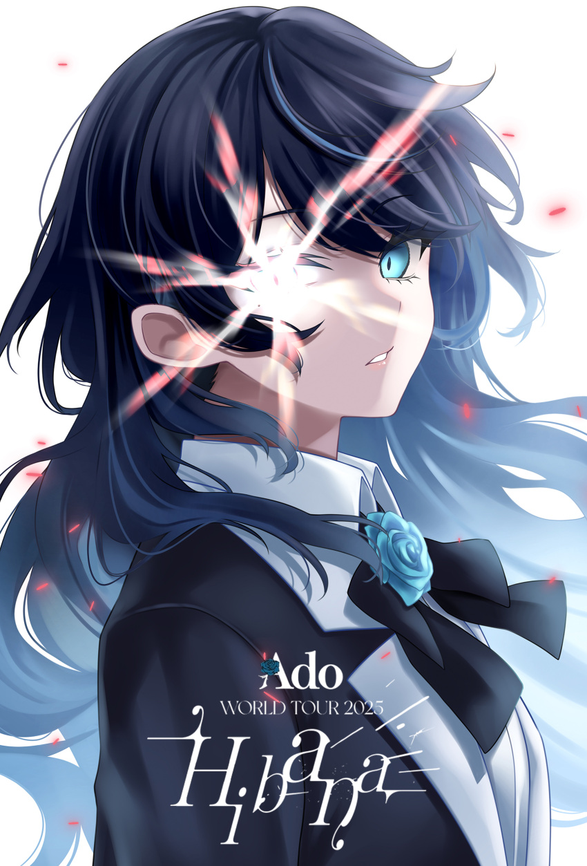 Safebooru - 1girl absurdres ado (utaite) black bow black bowtie black hair blue eyes blue flower ...