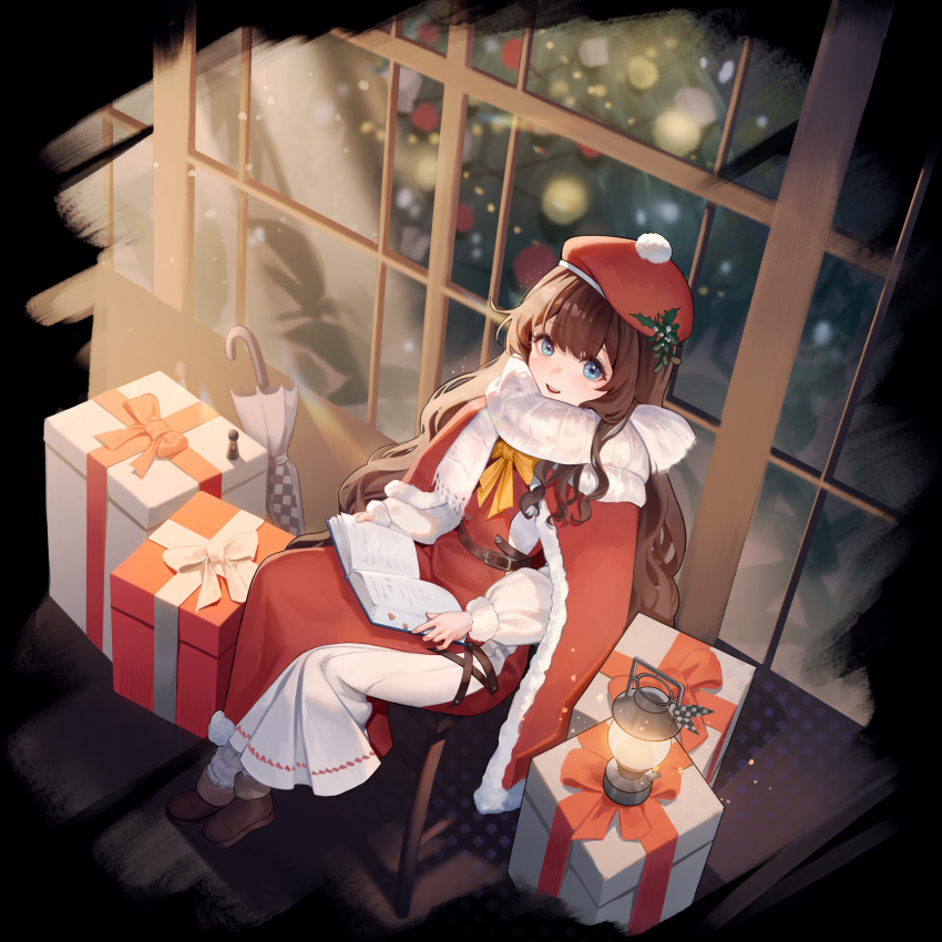 Safebooru - 1girl :d absurdres beret black background blue eyes book ...