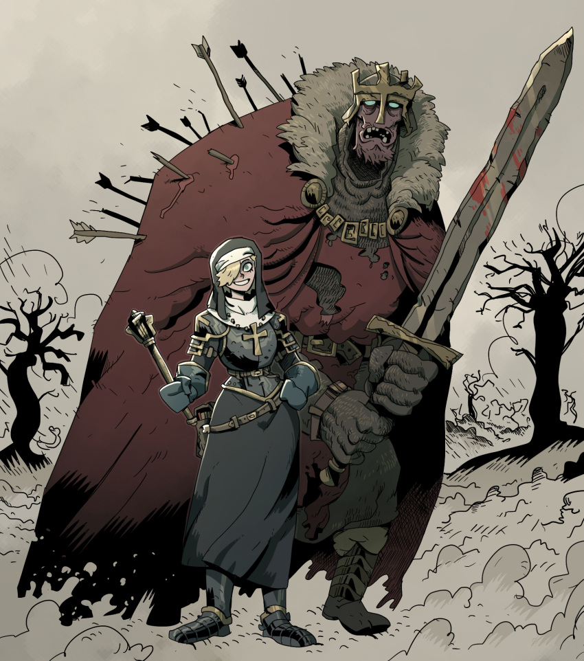 Safebooru - 1boy 1girl armor arrow (projectile) bag bare tree black ...