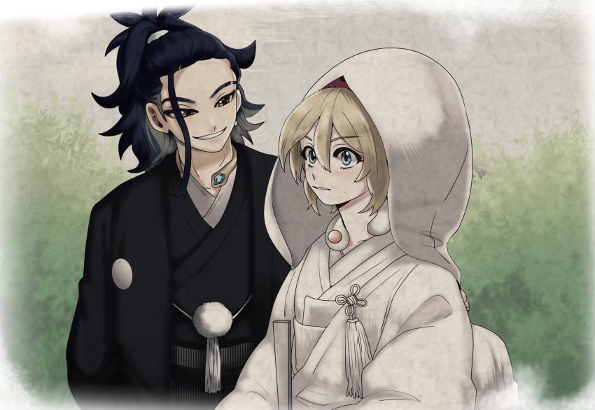 Safebooru - 1boy 1girl adaman (pokemon) arm around back black kimono ...