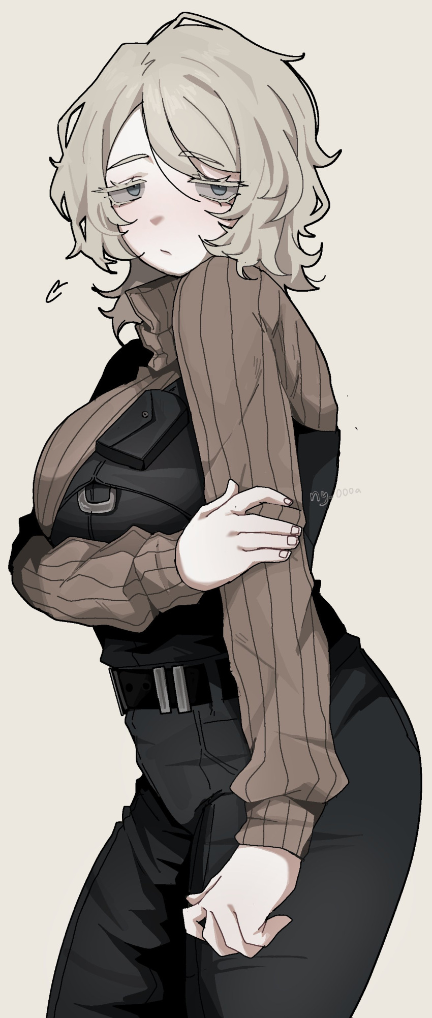 Safebooru - 1girl absurdres belt black belt black pants black vest breasts brown sweater cowboy ...
