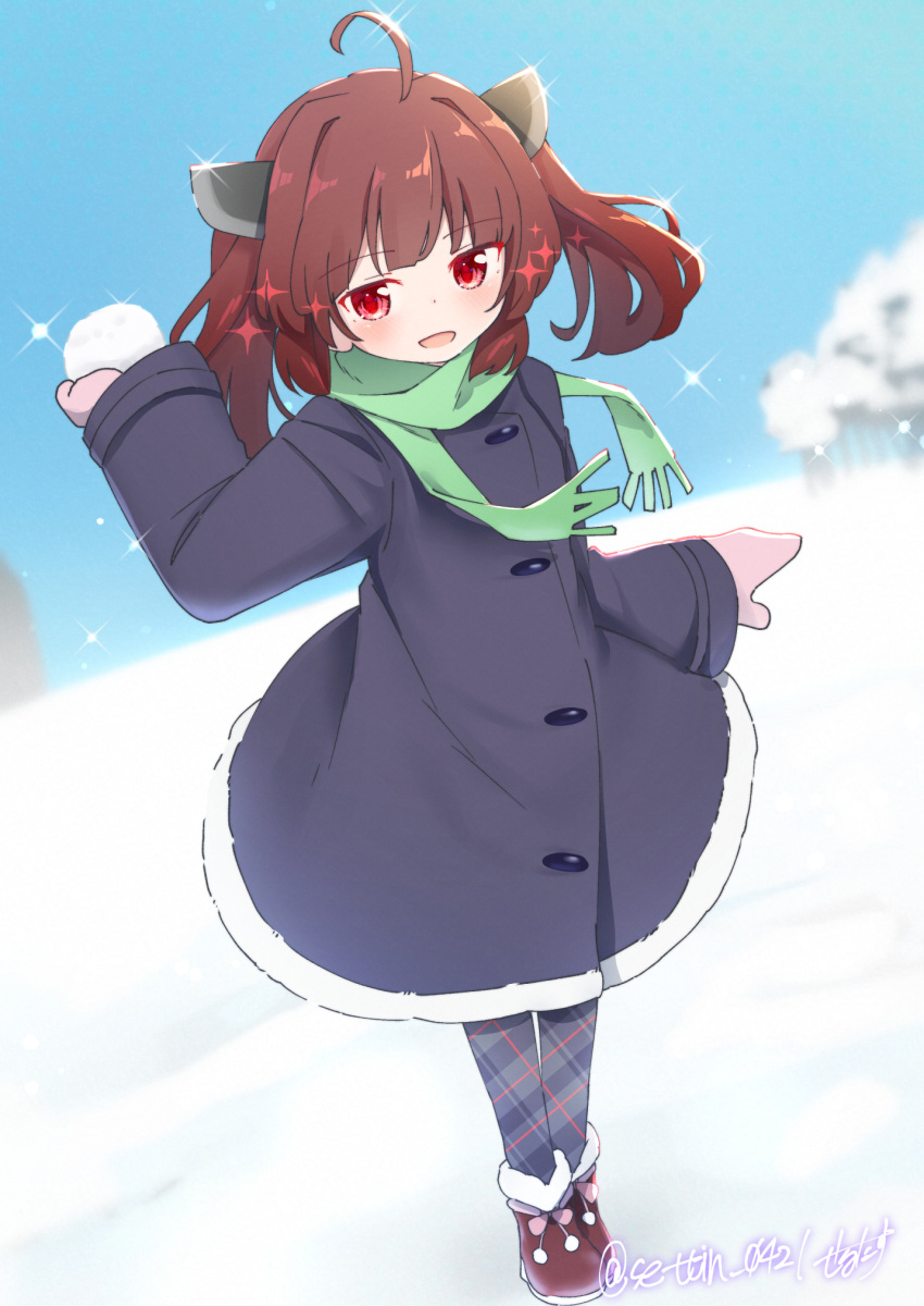 Safebooru - 1girl ahoge blush brown hair coat full body gloves green scarf grey coat headgear ...
