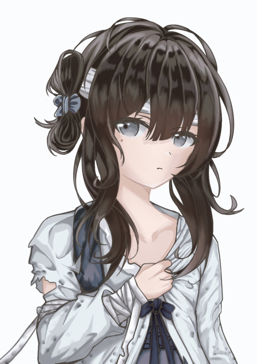 Safebooru - 1girl bandaged arm bandaged neck bandages black hair bow collarbone dress epiao grey ...