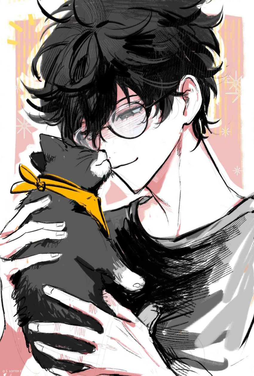 Safebooru - 1boy amamiya ren animal black-framed eyewear black cat black eyes black hair black ...