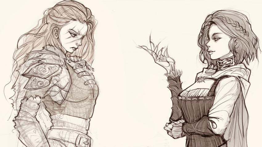 Safebooru - 2girls aela the huntress armor braid cloak corset from side ...