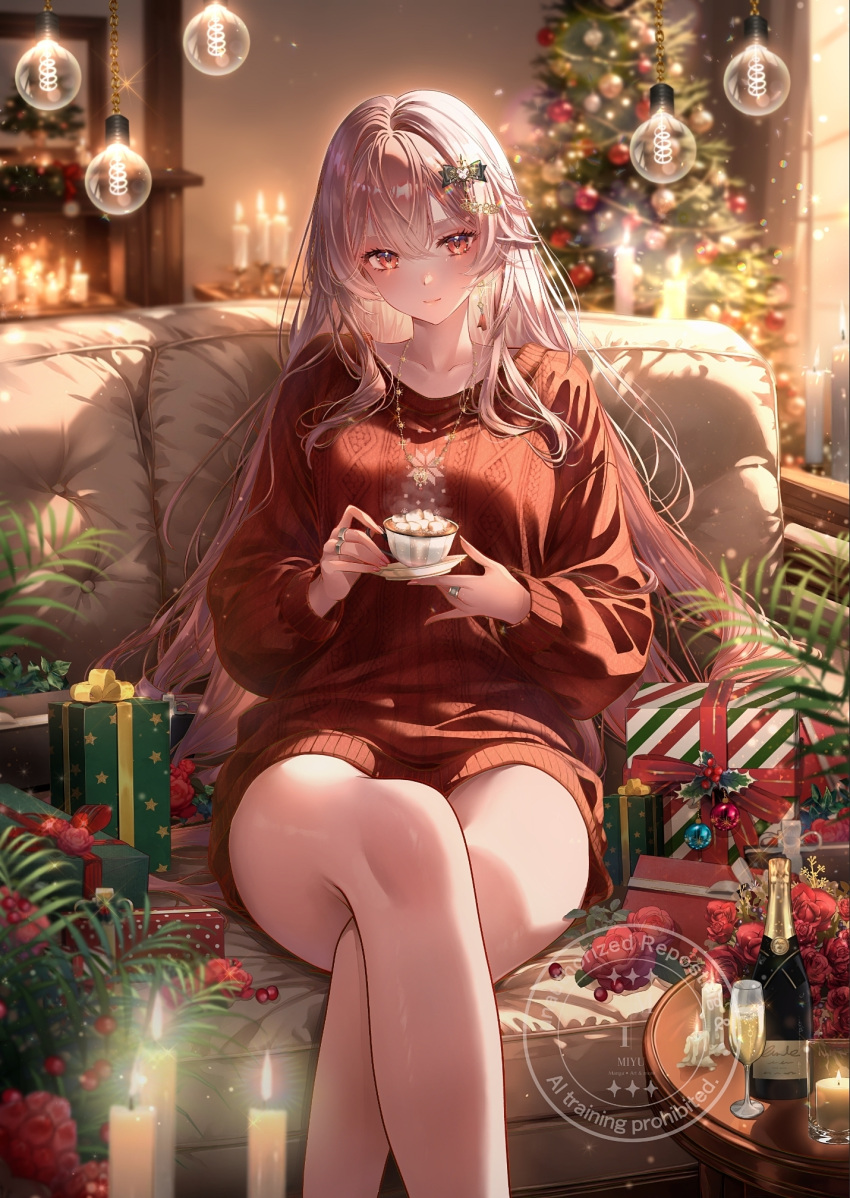 Safebooru - 1girl :3 blush bottle box candle candlelight candlestand christmas christmas ...