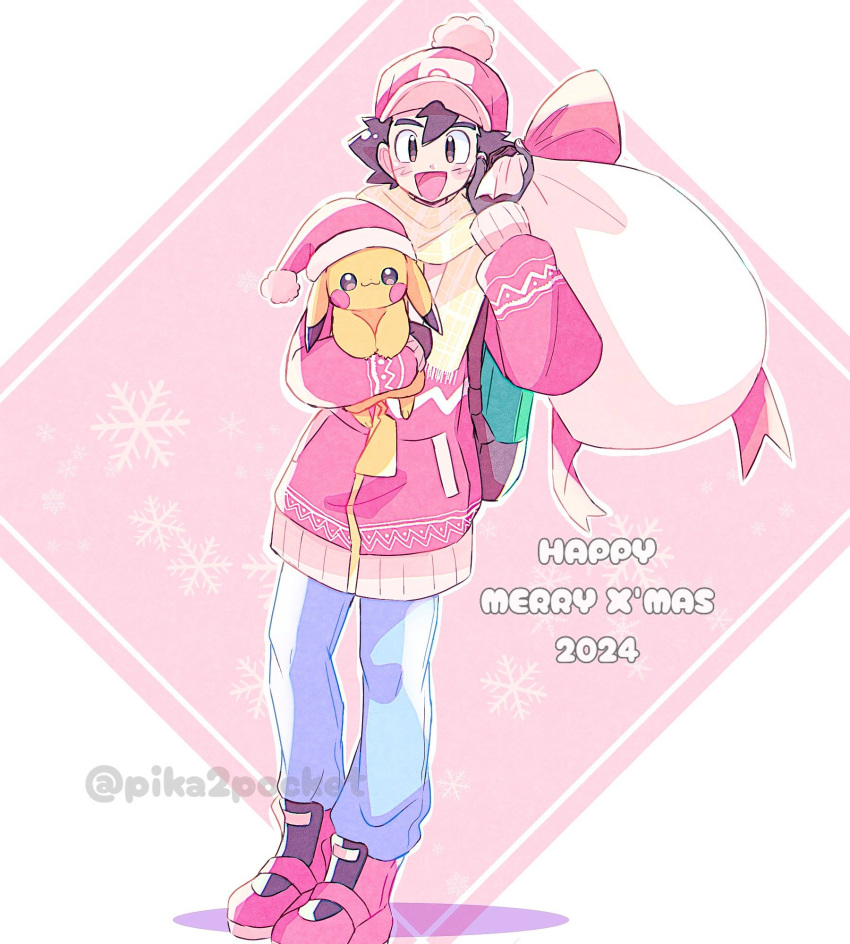 Safebooru - 1boy ash ketchum bag bow brown eyes christmas commentary ...