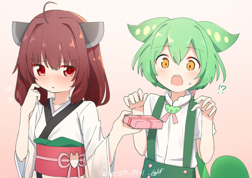 Safebooru - !? 2girls ahoge blush brown hair flying sweatdrops gift ...