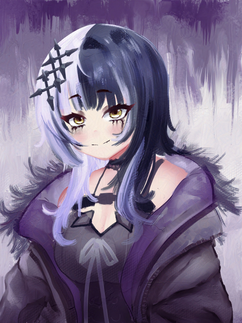 Safebooru - 1girl absurdres black coat black dress black hair closed mouth coat dress fur ...