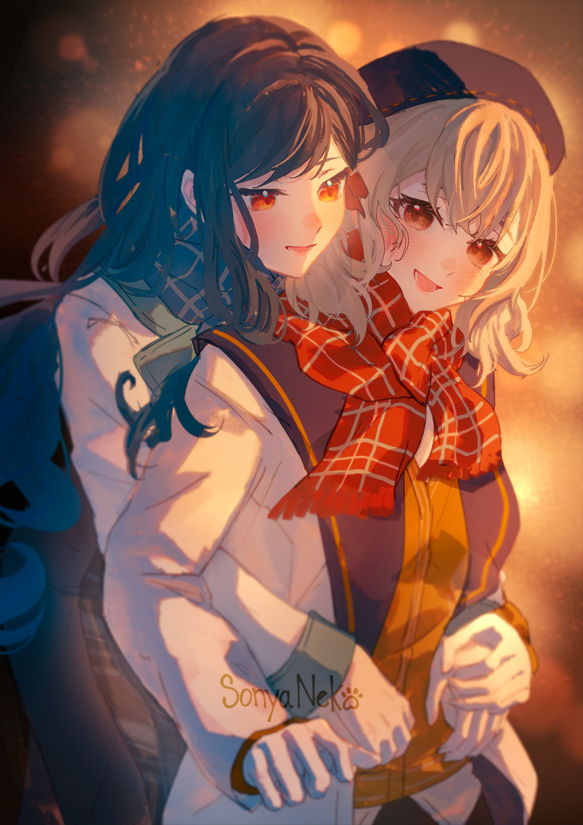 Safebooru - 2girls artist name azusawa kohane beret blonde hair blue hair blue scarf english ...