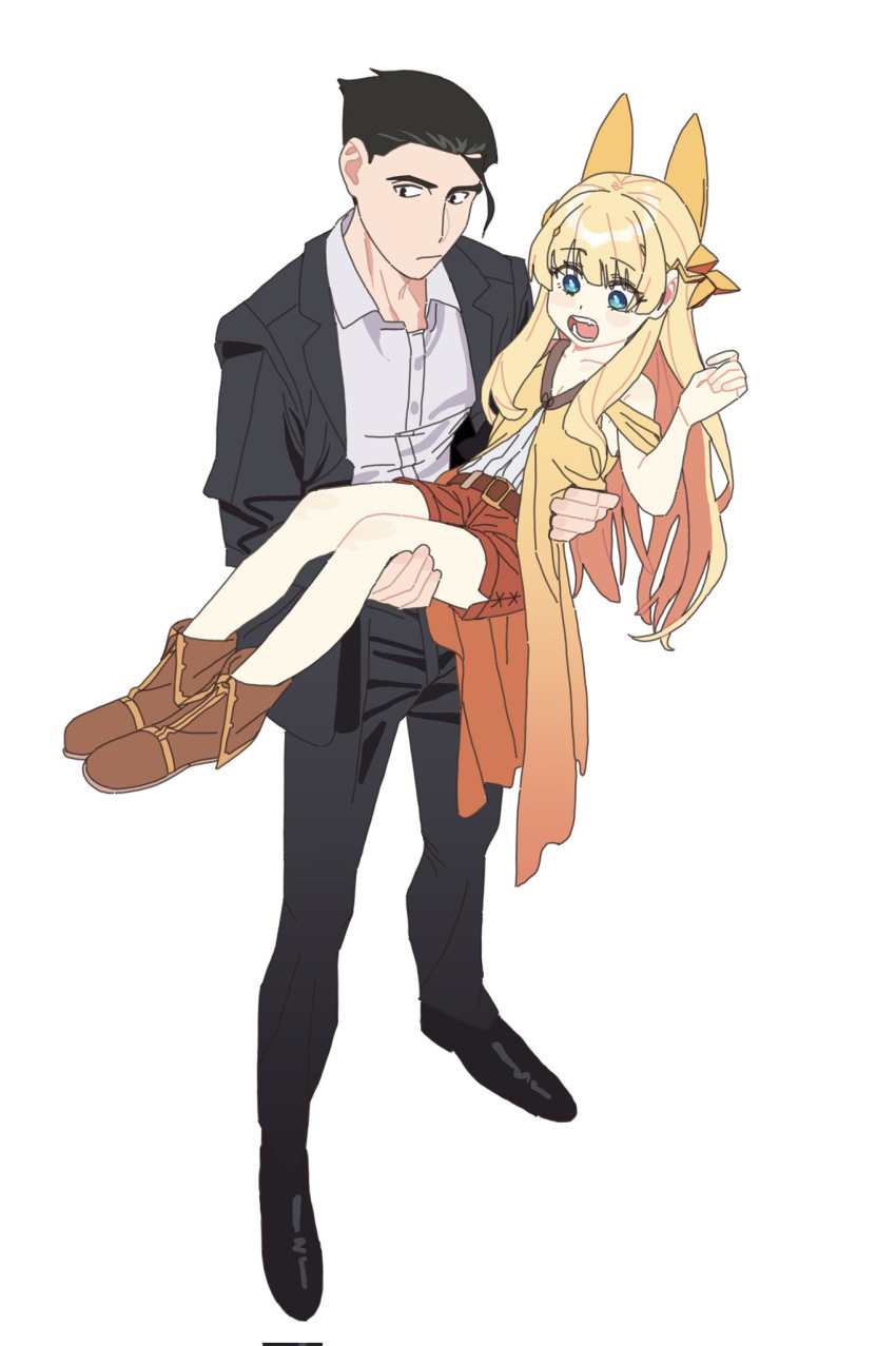 Safebooru - 1boy 1girl animal ears black hair blonde hair blue eyes ...